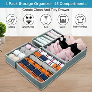 4-Pack Drawer Underwear Storage Organizer Set - Cooyokit Foldable Storage Divider For Closet, Cabinet Collapsible Storage Container For Storing Lingerie, Bras (A-C), Socks, Tie etc. (4 Pack, Grey)