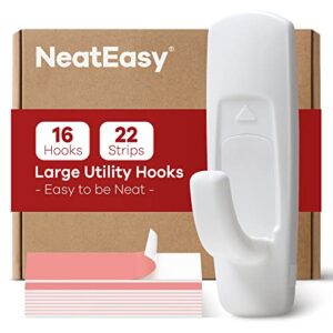 neateasy large utility hooks, 16-hooks, 22-strips, organize damage-free, 5lbs(max) wall hooks, waterproof hooks for hanging, adhesive hooks, wall hook