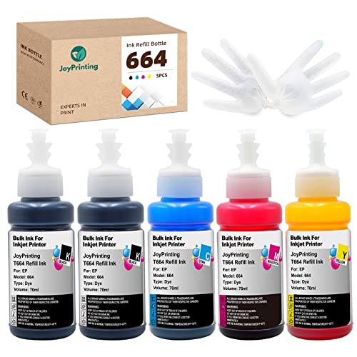 JoyPrinting Epson 664 Ink Refill Bottles Replacement for T664 Ink Work for EcoTank ET-2650 ET-2500 ET-2550 ET-2600 ET-4500 ET-14000 L100 L110 L120 L200 L210 L300 L350 L355 L550 L555 Printers (5 Pack)