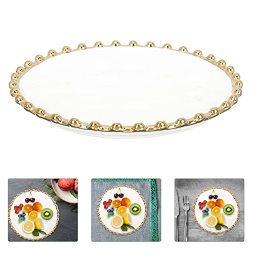 Hemoton Ceramic White Plate with Gold Trim: Round Sushi Plates Dessert Salad Serving Tray European Porcelain Breakfast Dish Jewelry Tray for Kitchen