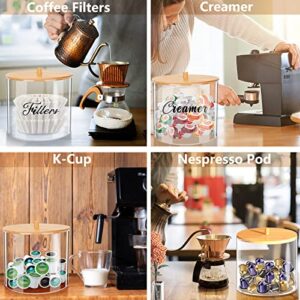 Coffee Pod Holder with Bamboo Lid, Clear K Cup Holder Kcup Vertuo Organizer 80-Ounce, Coffee Filter Holder, Keurig Pods Holder for Counter,Coffee Creamer Container Compatible with Nespresso Capsule