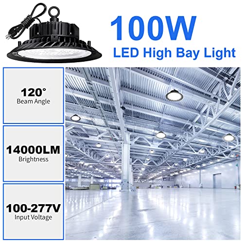 Flohans UFO LED High Bay Light 100W 14,000lm 5000K Daylight 400W MH/HPS Non-Dim, UFO LED Light Equivalent with UL Listed 5’ Cable US Plug for Factory, Warehouse, Basement