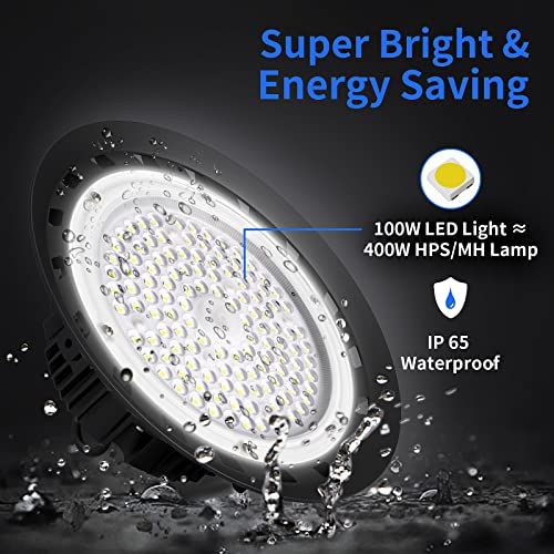 Flohans UFO LED High Bay Light 100W 14,000lm 5000K Daylight 400W MH/HPS Non-Dim, UFO LED Light Equivalent with UL Listed 5’ Cable US Plug for Factory, Warehouse, Basement