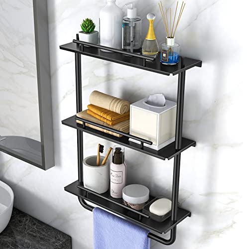 FEILERN Metal Floating Shelves Wall Mounted with Frame and Towel Rack for Bathroom, Living Room, Bedroom, Kitchen (3 Tier, Black)