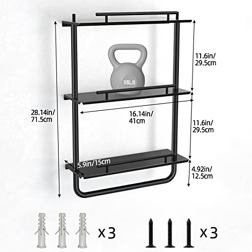 FEILERN Metal Floating Shelves Wall Mounted with Frame and Towel Rack for Bathroom, Living Room, Bedroom, Kitchen (3 Tier, Black)