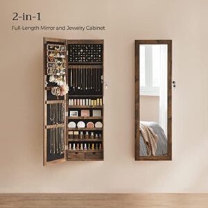 SONGMICS Mirror Jewelry Cabinet Bundle, 6 LEDs Jewelry Organizer, 47.2-Inch Lockable Wall or Door Mounted Jewelry Armoire with Mirror, 2 Drawers, White and Rustic Brown UJJC93W and UJJC93CB