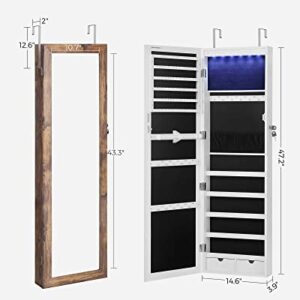 SONGMICS Mirror Jewelry Cabinet Bundle, 6 LEDs Jewelry Organizer, 47.2-Inch Lockable Wall or Door Mounted Jewelry Armoire with Mirror, 2 Drawers, White and Rustic Brown UJJC93W and UJJC93CB