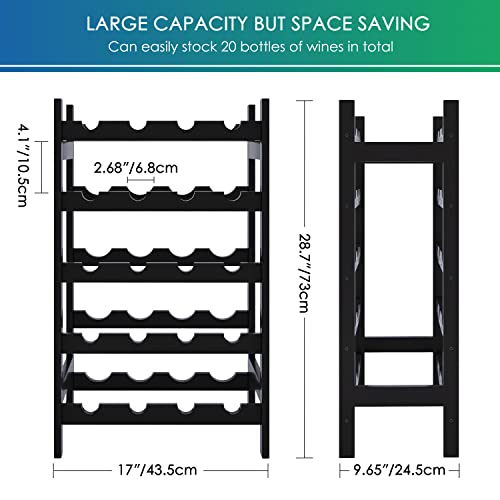 SMIBUY Bamboo Wine Rack, 20 Bottles Display Holder, 5-Tier Free Standing Storage Shelves for Kitchen, Pantry, Cellar, Bar (Black)