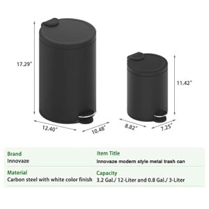 Innovaze 3.2 Gal./12-Liter and 0.8 Gal./3 Liter Stylish Round Black Metal Step-on Trash Can Set