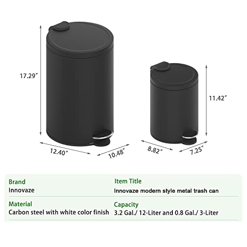 Innovaze 3.2 Gal./12-Liter and 0.8 Gal./3 Liter Stylish Round Black Metal Step-on Trash Can Set