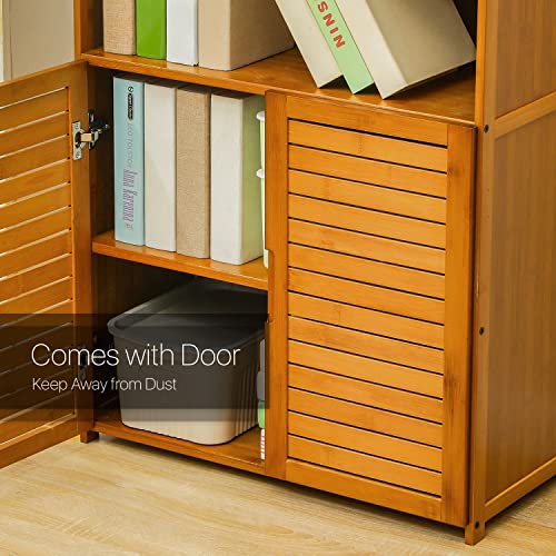 MoNiBloom 7 Tier Bookcase with Shutter Doors Bamboo Free Standing Display Shelf Organizer Stand for Home Office Living Room, Brown