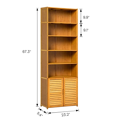 MoNiBloom 7 Tier Bookcase with Shutter Doors Bamboo Free Standing Display Shelf Organizer Stand for Home Office Living Room, Brown