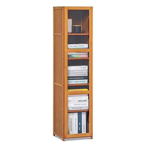 MoNiBloom Narrow Bookcase with Acrylic Doors Bamboo 5 Tier Free Standing Slim Bookshelf Display Storage Shelves Collection Décor Furniture for Home Living Room, Brown