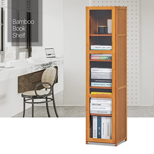 MoNiBloom Narrow Bookcase with Acrylic Doors Bamboo 5 Tier Free Standing Slim Bookshelf Display Storage Shelves Collection Décor Furniture for Home Living Room, Brown