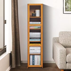 MoNiBloom Narrow Bookcase with Acrylic Doors Bamboo 5 Tier Free Standing Slim Bookshelf Display Storage Shelves Collection Décor Furniture for Home Living Room, Brown