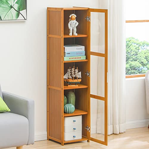 MoNiBloom Narrow Bookcase with Acrylic Doors Bamboo 5 Tier Free Standing Slim Bookshelf Display Storage Shelves Collection Décor Furniture for Home Living Room, Brown