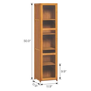 MoNiBloom Narrow Bookcase with Acrylic Doors Bamboo 5 Tier Free Standing Slim Bookshelf Display Storage Shelves Collection Décor Furniture for Home Living Room, Brown