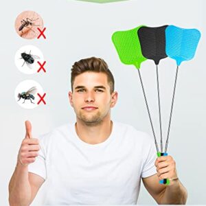 Wapodeai 3 pcs Fly Swatter, Fly Swatter Plastic,Telescopic Fly Swatters, Large Bug Swatter That Work for Indoor and Outdoor. (Black Blue Green)