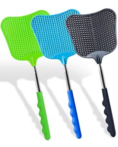 wapodeai 3 pcs fly swatter, fly swatter plastic,telescopic fly swatters, large bug swatter that work for indoor and outdoor. (black blue green)