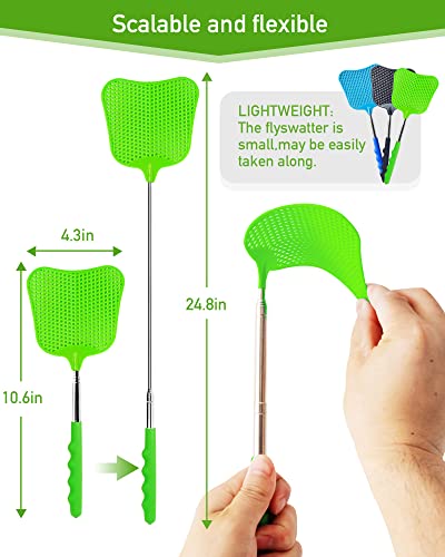 Wapodeai 3 pcs Fly Swatter, Fly Swatter Plastic,Telescopic Fly Swatters, Large Bug Swatter That Work for Indoor and Outdoor. (Black Blue Green)