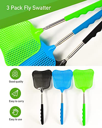 Wapodeai 3 pcs Fly Swatter, Fly Swatter Plastic,Telescopic Fly Swatters, Large Bug Swatter That Work for Indoor and Outdoor. (Black Blue Green)