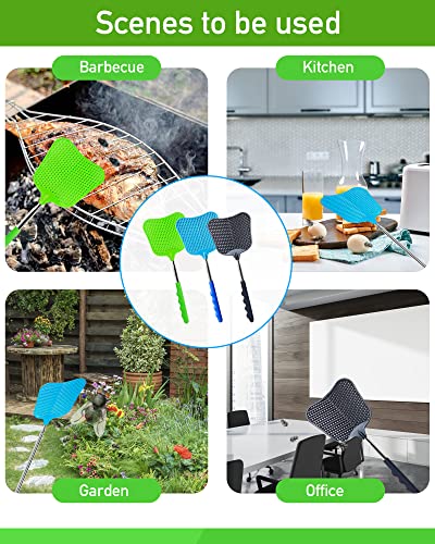 Wapodeai 3 pcs Fly Swatter, Fly Swatter Plastic,Telescopic Fly Swatters, Large Bug Swatter That Work for Indoor and Outdoor. (Black Blue Green)