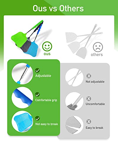 Wapodeai 3 pcs Fly Swatter, Fly Swatter Plastic,Telescopic Fly Swatters, Large Bug Swatter That Work for Indoor and Outdoor. (Black Blue Green)