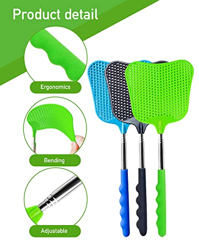 Wapodeai 3 pcs Fly Swatter, Fly Swatter Plastic,Telescopic Fly Swatters, Large Bug Swatter That Work for Indoor and Outdoor. (Black Blue Green)