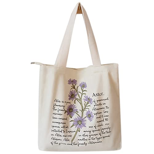 Floral Canvas Tote Bag Botanical Shopping Bag Aesthetic Flower Tote Bag Canvas Grocery Bag for Women Trendy Tote One Size