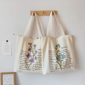 Floral Canvas Tote Bag Botanical Shopping Bag Aesthetic Flower Tote Bag Canvas Grocery Bag for Women Trendy Tote One Size