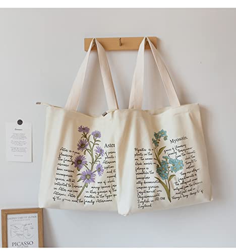 Floral Canvas Tote Bag Botanical Shopping Bag Aesthetic Flower Tote Bag Canvas Grocery Bag for Women Trendy Tote One Size