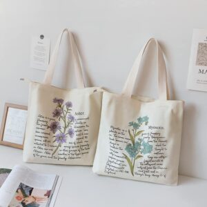 Floral Canvas Tote Bag Botanical Shopping Bag Aesthetic Flower Tote Bag Canvas Grocery Bag for Women Trendy Tote One Size