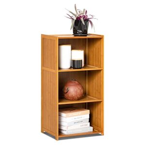 monibloom bamboo 3 tier narrow bookshelf freestanding display storage shelves cabinet furniture for bedroom living room kitchen, brown