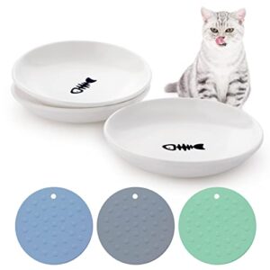 dorakitten ceramic cat food plates: cat wet food bowls cat feeding wide bowls to stress relief of whisker fatigue cat dishes, shallow bowls for kittens and small animals with non-slip mat