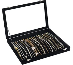 necklace organizer box, necklace tray for jewelry with clear lid, dustproof velvet necklaces holder storage display case, 20 hooks glass top jewelry tray drawer insert for necklaces pendant bracelet