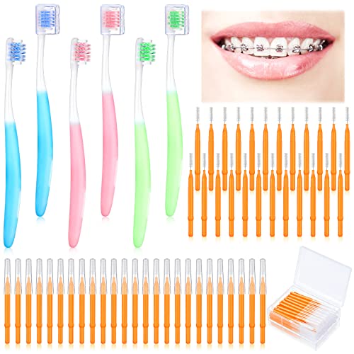 6 Pieces Brace Toothbrush V Shaped Orthodontic Toothbrush with Brush Head 40 Pieces Interdental Brush Soft Bristle Braces Brushes for Cleaning Portable Toothbrushes for Braces (Orange,Medium)