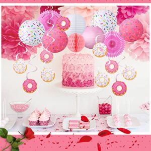 19 Pcs Donut Birthday Party Decorations, 6 Pcs Donut Lanterns Sprinkle Hanging Paper Lanterns, Honeycomb Ball, 2 Pcs Party Paper Fans, 10 Pcs Donut Hanging Swirl for Baby Shower Ice Cream Party (Pink)