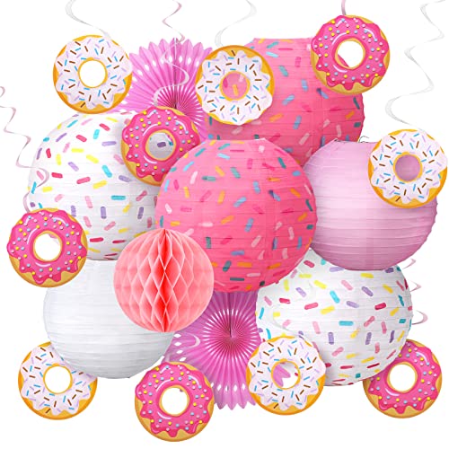 19 Pcs Donut Birthday Party Decorations, 6 Pcs Donut Lanterns Sprinkle Hanging Paper Lanterns, Honeycomb Ball, 2 Pcs Party Paper Fans, 10 Pcs Donut Hanging Swirl for Baby Shower Ice Cream Party (Pink)