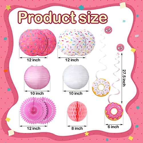 19 Pcs Donut Birthday Party Decorations, 6 Pcs Donut Lanterns Sprinkle Hanging Paper Lanterns, Honeycomb Ball, 2 Pcs Party Paper Fans, 10 Pcs Donut Hanging Swirl for Baby Shower Ice Cream Party (Pink)