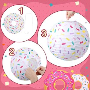 19 Pcs Donut Birthday Party Decorations, 6 Pcs Donut Lanterns Sprinkle Hanging Paper Lanterns, Honeycomb Ball, 2 Pcs Party Paper Fans, 10 Pcs Donut Hanging Swirl for Baby Shower Ice Cream Party (Pink)