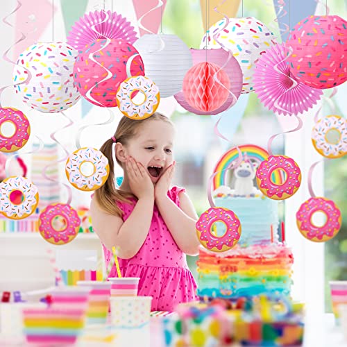 19 Pcs Donut Birthday Party Decorations, 6 Pcs Donut Lanterns Sprinkle Hanging Paper Lanterns, Honeycomb Ball, 2 Pcs Party Paper Fans, 10 Pcs Donut Hanging Swirl for Baby Shower Ice Cream Party (Pink)