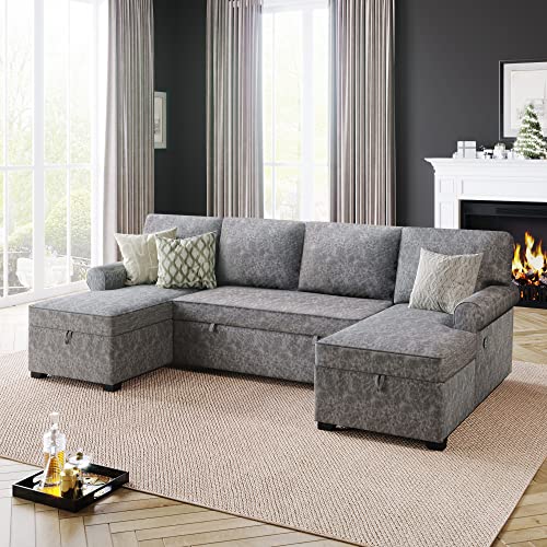 Merax 108.75" Pull-Out Sleeper Sofa Bed with USB Port,U-Shaped Storage Corner Sofa Bed with 2 Storage Chaise Lounge, 6-Seater Sofa Couch for Living Room Bedroom