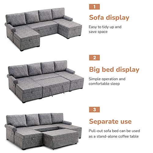 Merax 108.75" Pull-Out Sleeper Sofa Bed with USB Port,U-Shaped Storage Corner Sofa Bed with 2 Storage Chaise Lounge, 6-Seater Sofa Couch for Living Room Bedroom