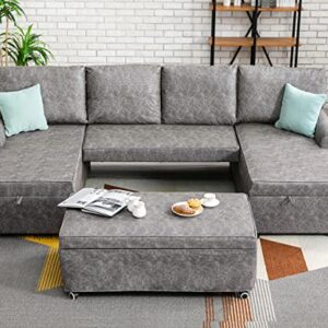 Merax 108.75" Pull-Out Sleeper Sofa Bed with USB Port,U-Shaped Storage Corner Sofa Bed with 2 Storage Chaise Lounge, 6-Seater Sofa Couch for Living Room Bedroom