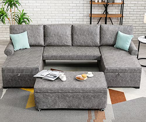 Merax 108.75" Pull-Out Sleeper Sofa Bed with USB Port,U-Shaped Storage Corner Sofa Bed with 2 Storage Chaise Lounge, 6-Seater Sofa Couch for Living Room Bedroom