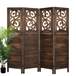 4 panel room dividers, 6ft carved wood room divider partition room dividers wall wooden carved folding privacy screens foldable panel wall divider for office restaurant, rustic brown