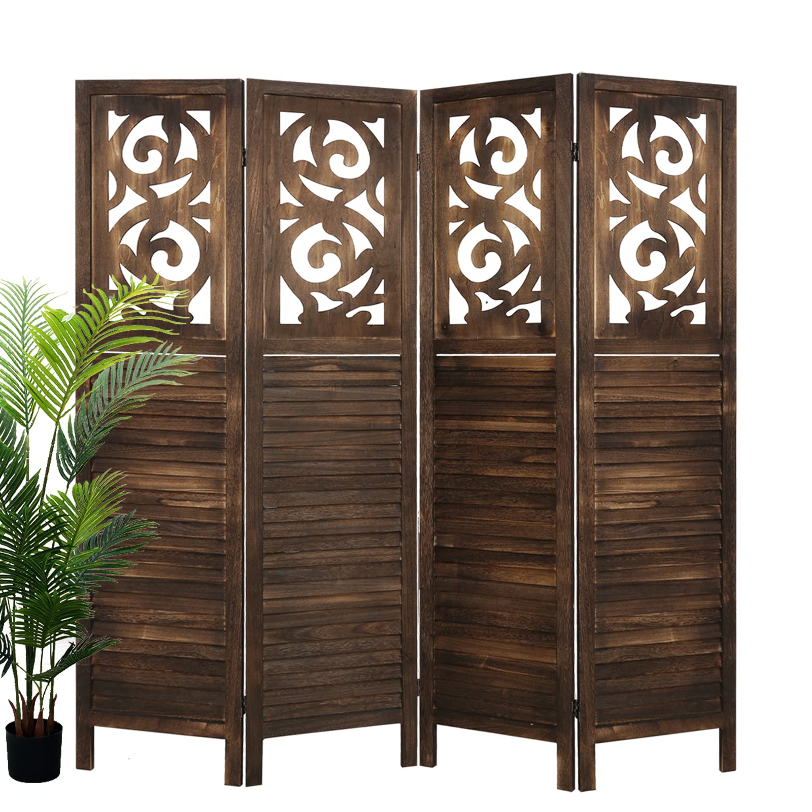 4 Panel Room Dividers, 6FT Carved Wood Room Divider Partition Room Dividers Wall Wooden Carved Folding Privacy Screens Foldable Panel Wall Divider for Office Restaurant, Rustic Brown