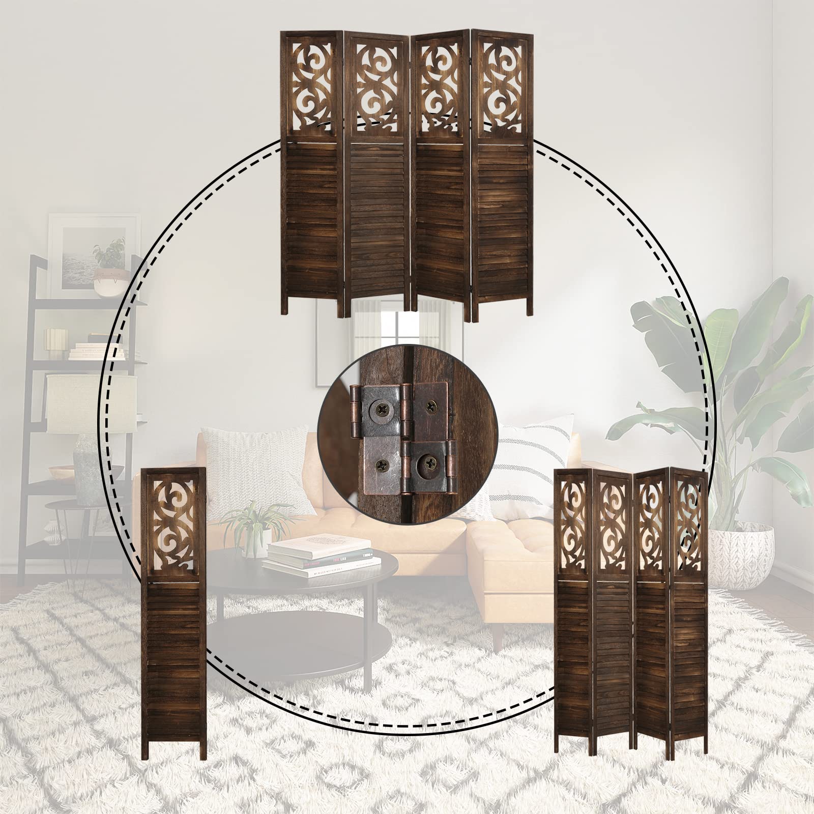 4 Panel Room Dividers, 6FT Carved Wood Room Divider Partition Room Dividers Wall Wooden Carved Folding Privacy Screens Foldable Panel Wall Divider for Office Restaurant, Rustic Brown