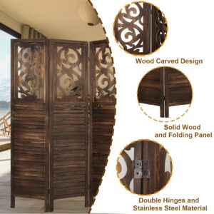 4 Panel Room Dividers, 6FT Carved Wood Room Divider Partition Room Dividers Wall Wooden Carved Folding Privacy Screens Foldable Panel Wall Divider for Office Restaurant, Rustic Brown