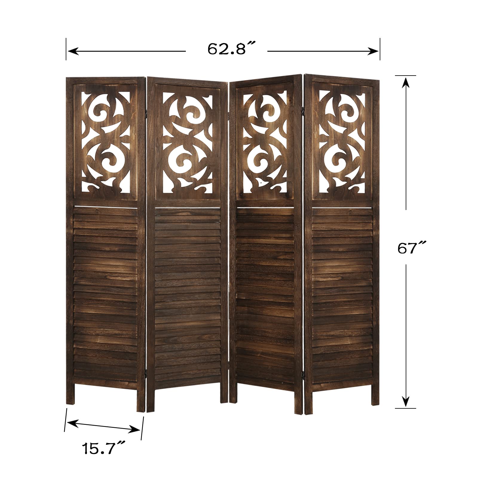 4 Panel Room Dividers, 6FT Carved Wood Room Divider Partition Room Dividers Wall Wooden Carved Folding Privacy Screens Foldable Panel Wall Divider for Office Restaurant, Rustic Brown